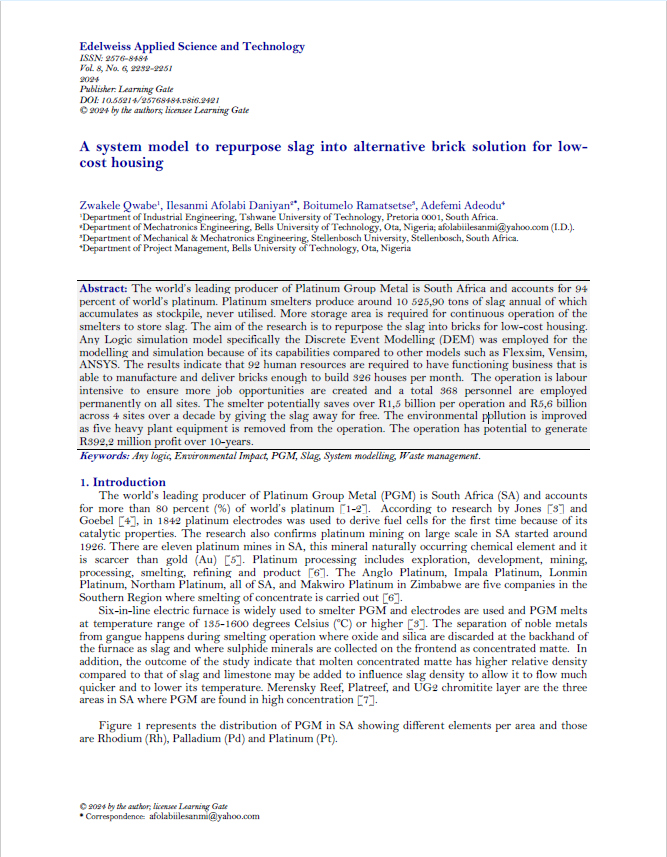 A system model to repurpose slag into alternative brick solution for ...